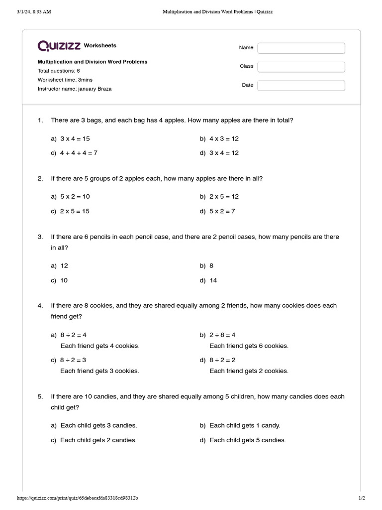 Multiplication and Division Word Problems - Quizizz | PDF
