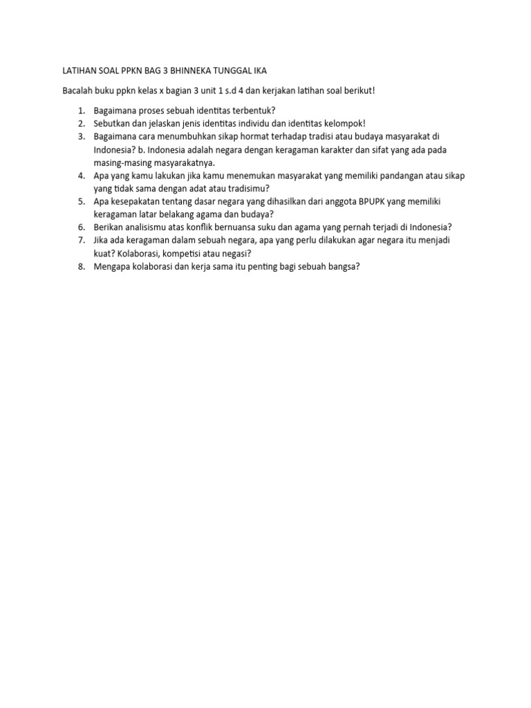 Latihan Soal Kelas X Bag 3 Bhinneka Tunggal Ika | PDF