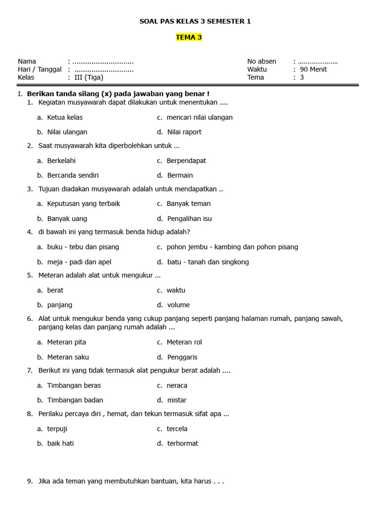 Soal PAS Kelas 3 Tema 3 - Kamimadrasah | PDF
