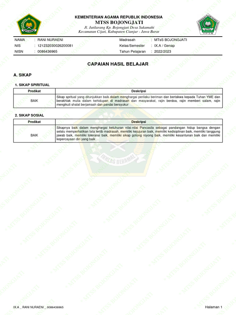 Rapor IX.A - RANI NURAENI - 0086436965 | PDF