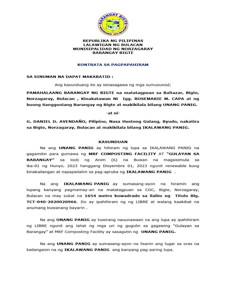 Kontrata Sa Pagpapahiram NG Lupa Revised | PDF