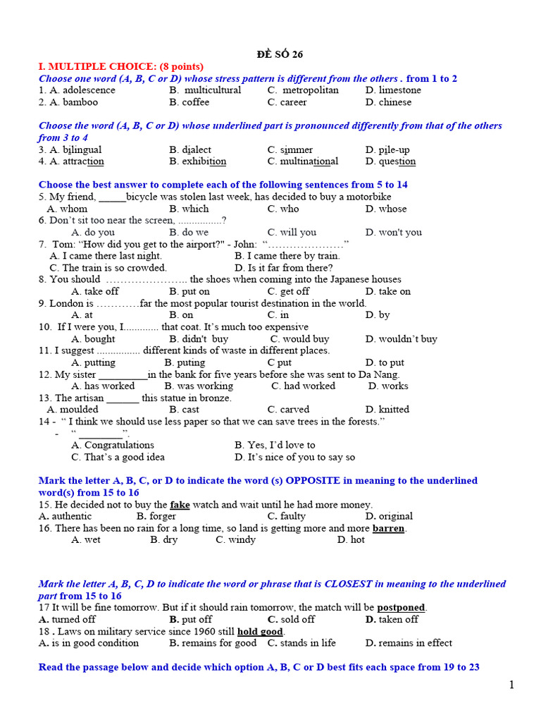 Đề thi vào 10 Anh TN form Hà Nội 2022 2023 ĐỀ SỐ 26 | PDF | Teachers ...