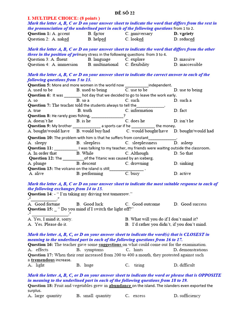 Đề thi vào 10 Anh TN form Hà Nội 2022 2023 ĐỀ SỐ 22 | PDF | Schools ...