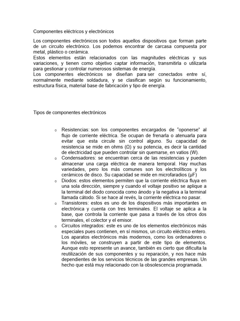 Componentes Eléctricos y Electrónicos | PDF | Componente electrónico ...