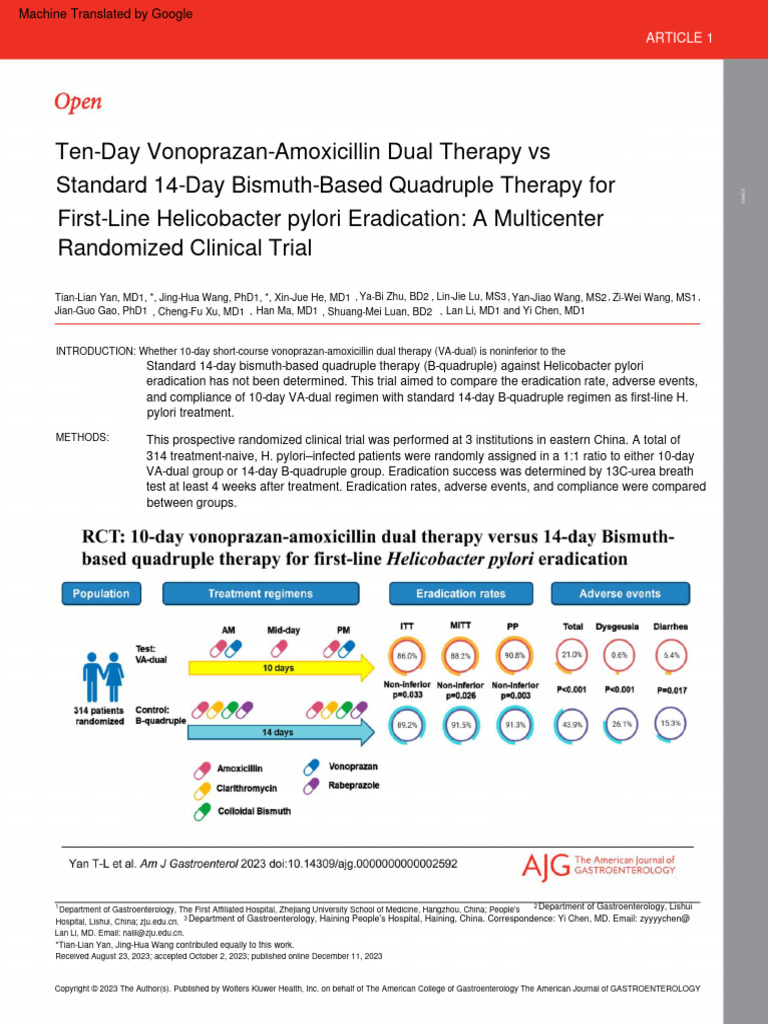 Ten-Day Vonoprazan-Amoxicillin Dual Therapy Vs Standard 14-Day Bismuth ...