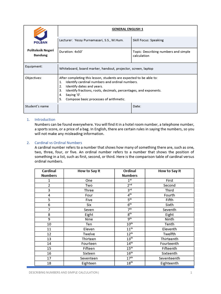 Describing Numbers and Simple Calculation - Handout | PDF | Numbers ...