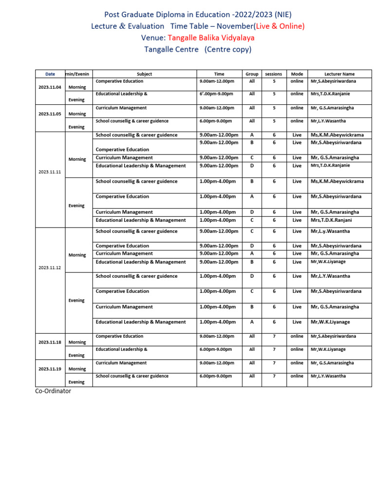 NIE Education Diploma Timetable 2023 | PDF | Religion & Spirituality