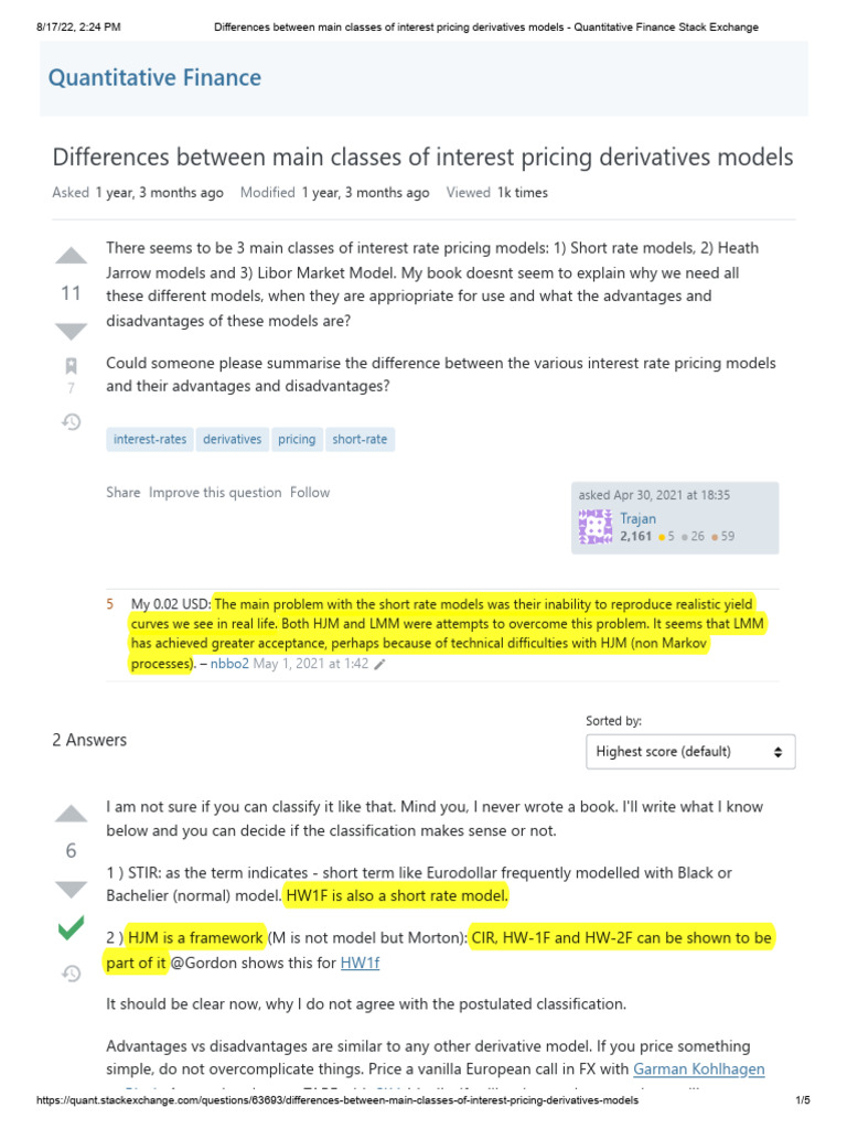2 - Differences Between Main Classes of Interest Pricing Derivatives Models - Quantitative ...