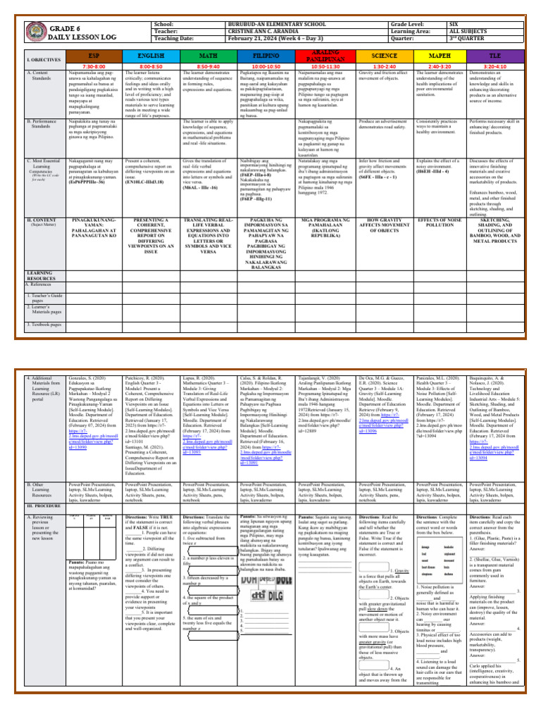 Grade 6 DLP Q3 W4D3 | PDF | Weight | Gravity