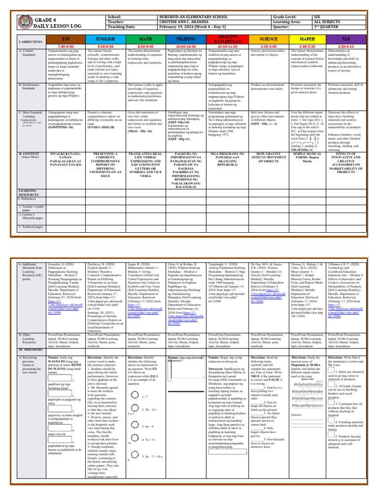 Grade 6 DLP Q3 W4D1 | PDF | Weight | Learning
