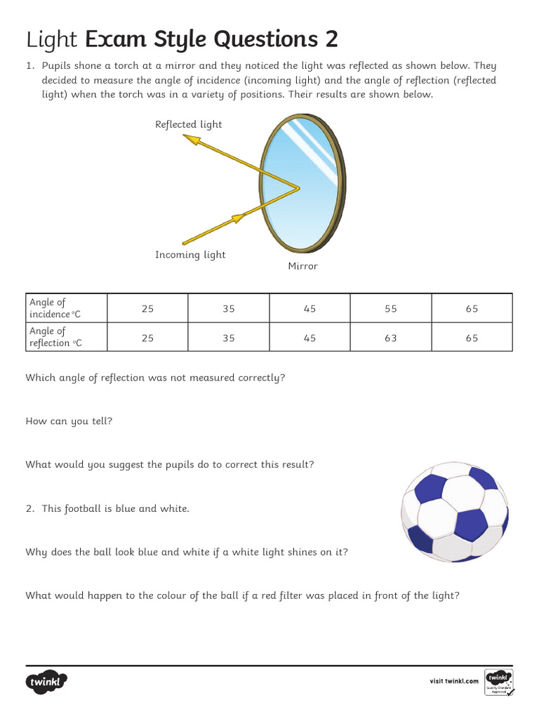 Light Reflection Exam Questions | PDF | Light | Reflection (Physics)