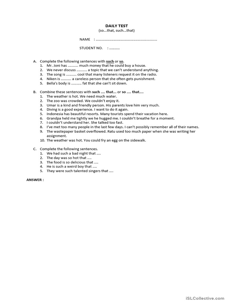 SUCH ... THAT AND SO... THAT Worksheet | PDF
