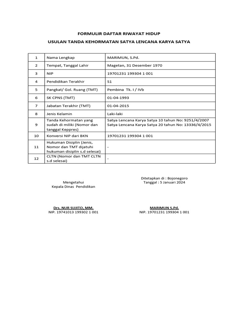 Formulir DRH Satya Lencana | PDF