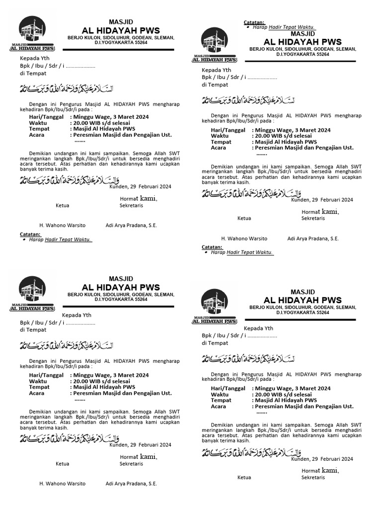Undangan Acara MASJID AL HIDAYAH PWS | PDF