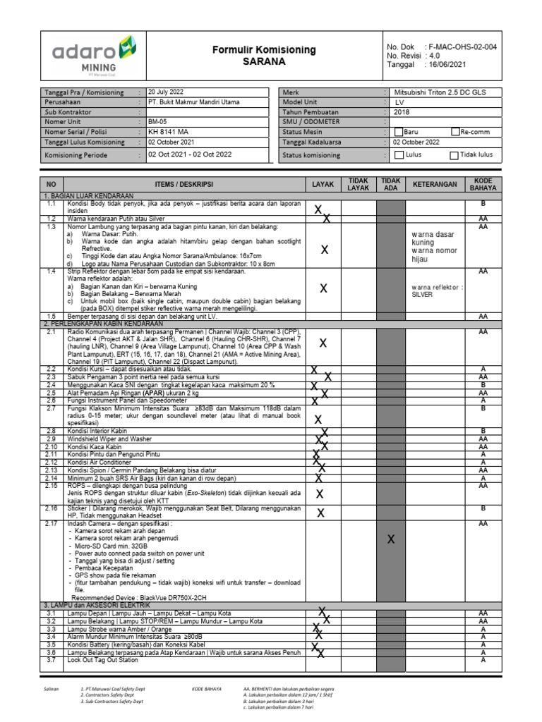 F-MAC-OHS-02-004 Formulir Komisioning Sarana (LV) - Rev4 | PDF
