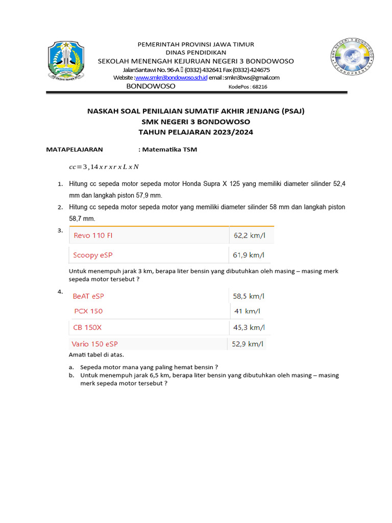 Naskah Soal Penilaian Sumatif Akhir Jenjang (Psaj) SMK Negeri 3 Bondowoso TAHUN PELAJARAN 2023/ ...