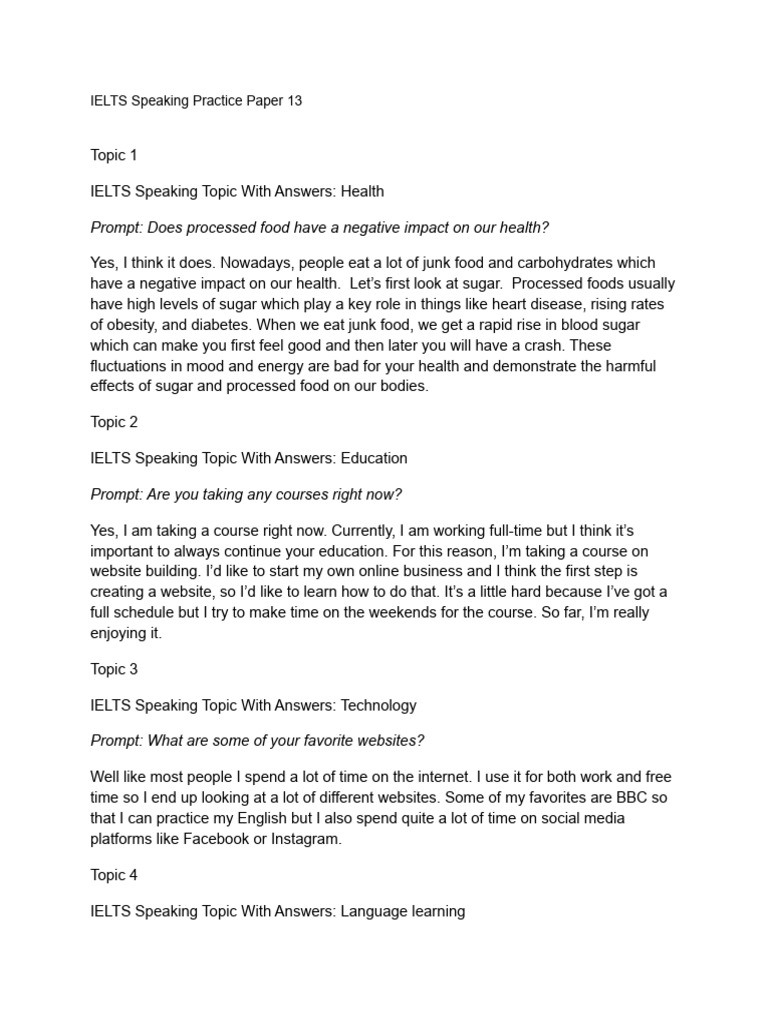 IELTS Speaking Practice Paper 13 | PDF | Carbohydrates | Public Speaking