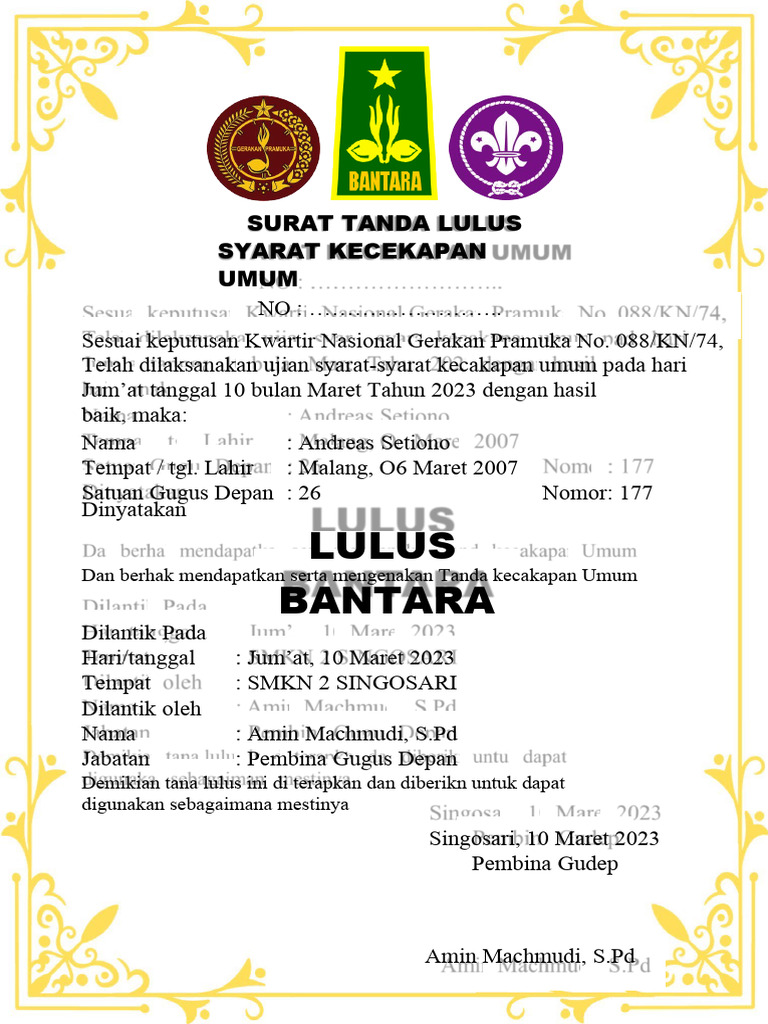 Surat Tanda Lulus Pramuka 2023 | PDF