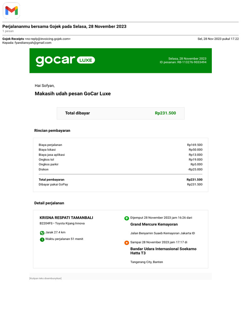 Struk Pembayaran GoCar Luxe 28 Nov 2023 | PDF