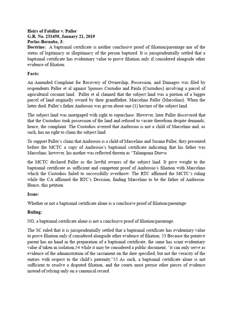 Heirs of Fabillar v. Paller | PDF | Legitimacy (Family Law) | Baptism