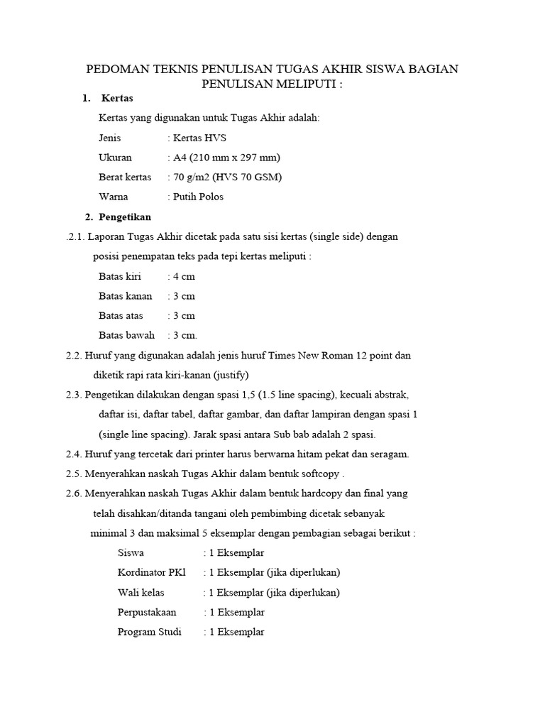 Pedoman Teknis Penulisan Tugas Akhir Siswa Bagian | PDF