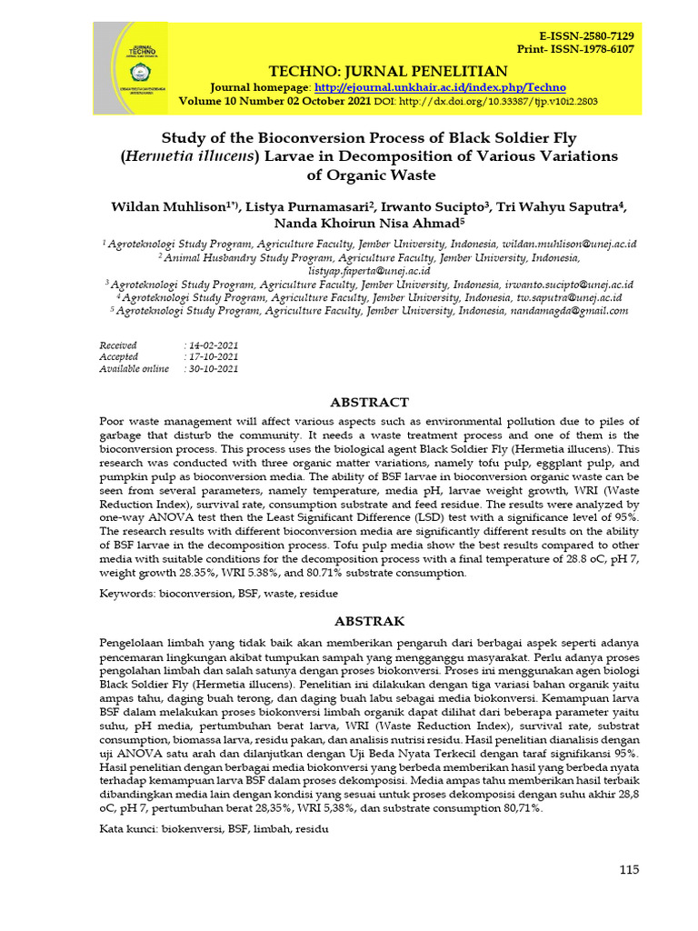 2021 Study of Bioconversion Process of Hermetia in Decomposition of Various Organic Waste | PDF ...