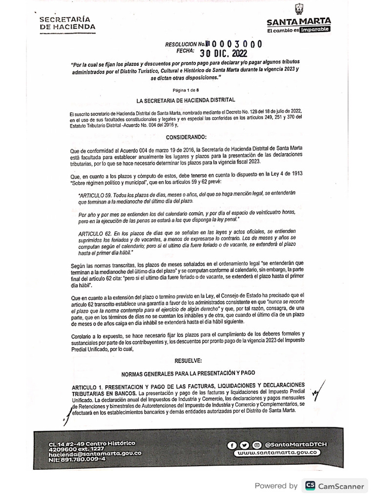Calendario Tributario 2023 Resolución No. 3000 de 30-12-2022 | PDF