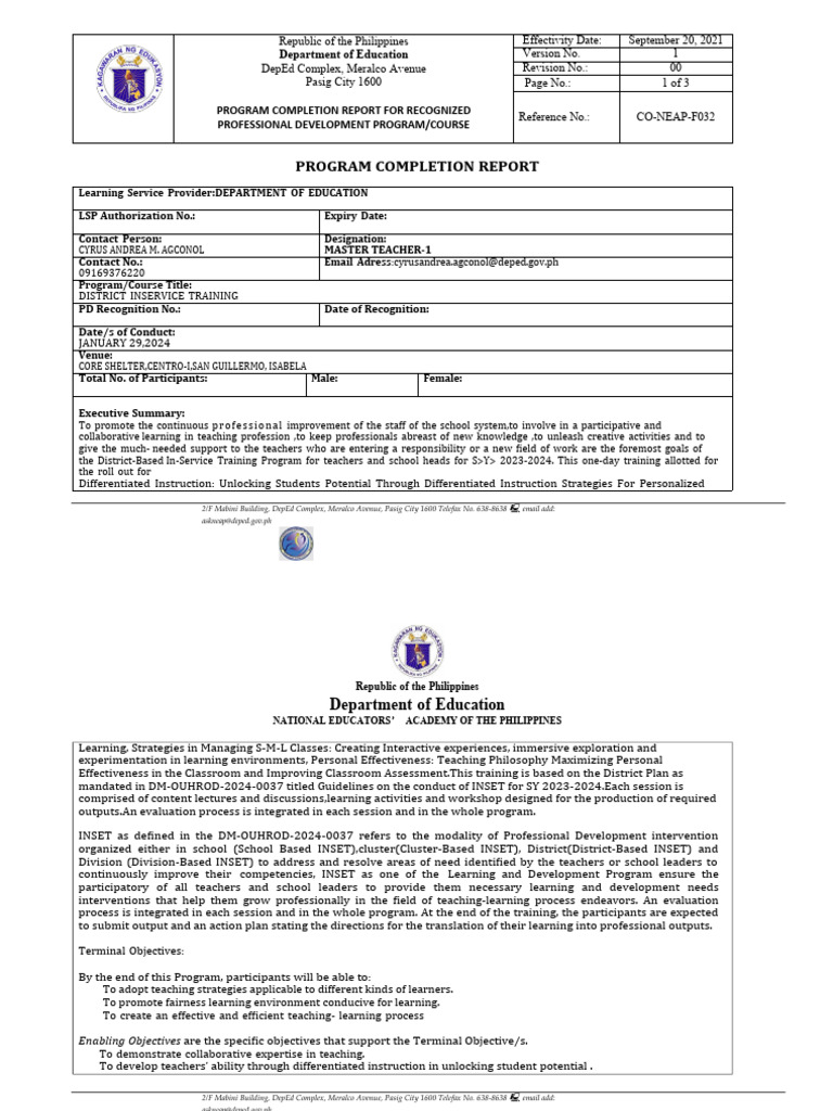 Completion Report | PDF | Differentiated Instruction | Learning
