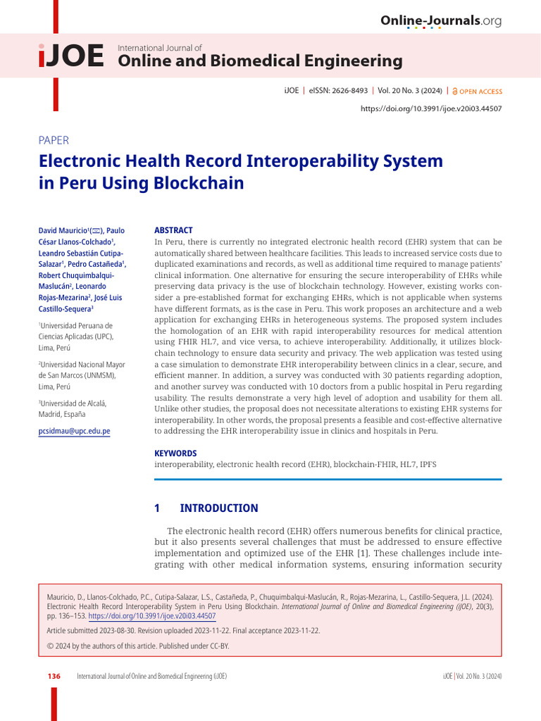 Online and Biomedical Engineering: Electronic Health Record Interoperability System in Peru ...