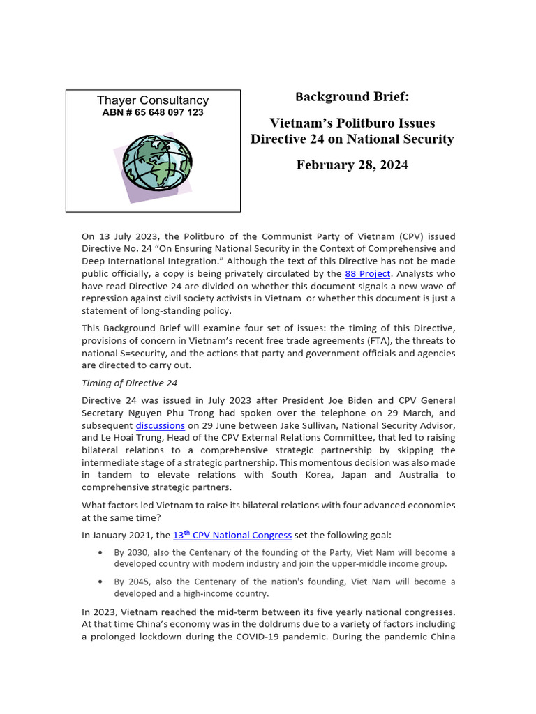Thayer Vietnam's Politburo Issues Directive 24 On National Security ...