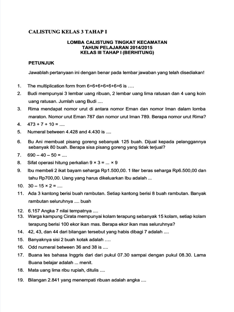 PDF Calistung Kelas 3 Tahap I - Compress | PDF | Memasak, Makanan ...