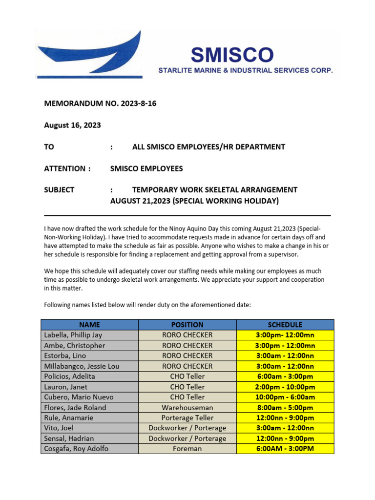 Temporary Skeletal Work Schedule Notice | PDF | Employment | Labor