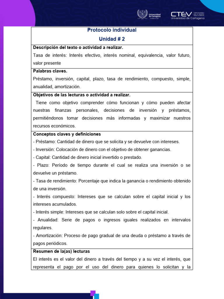 PLANTILLA PROTOCOLO INDIVIDUAL (Unidad #2) | PDF | Finanzas y dinero