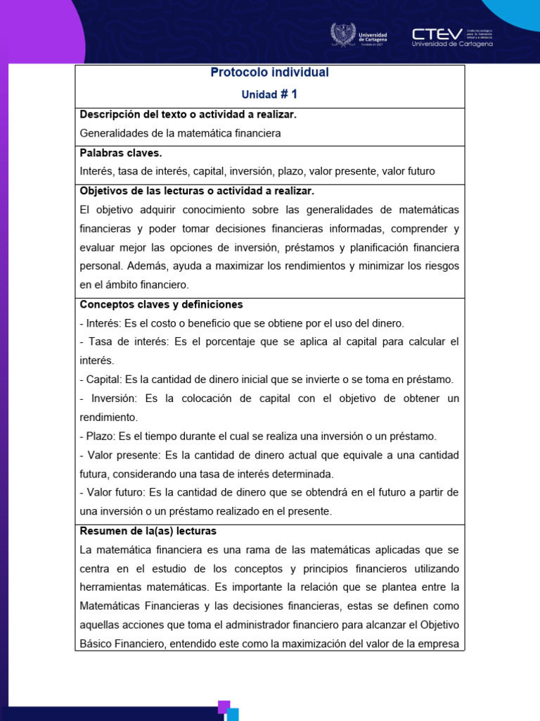 Plantilla Protocolo Individual | PDF | Finanzas Matemáticas | Interés