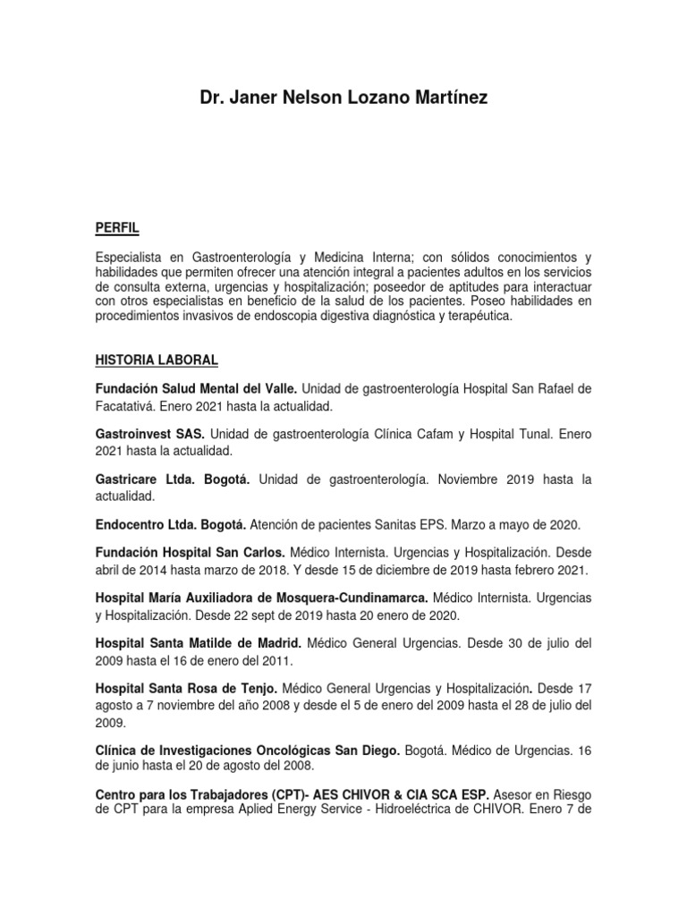 Hoja de Vida DR Janer Lozano | PDF Hoja de Vida DR Janer Lozano | PDF