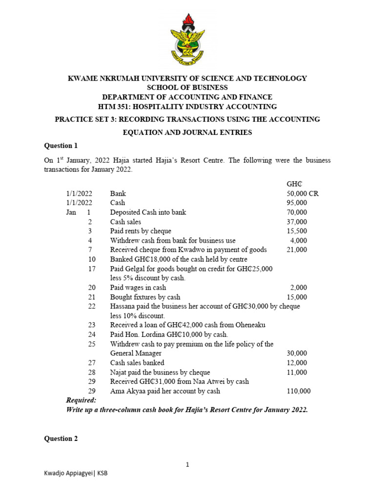Worksheet 3 Recording Transactions Using The Accounting Equation And Journal Entries Pdf