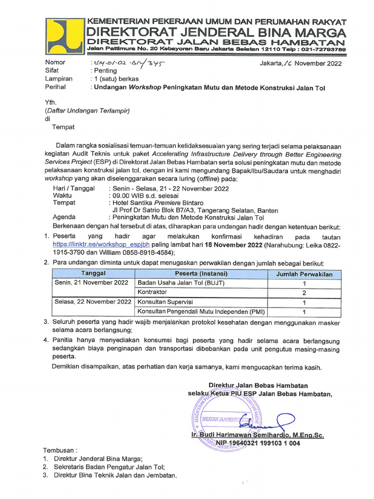 Surat Dir JBH - Undangan Workshop Peningkatan Mutu Dan Metode Konstruksi Jalan Tol (21-22) | PDF
