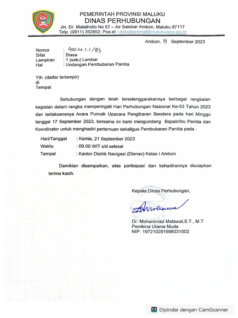 Undangan Pembubaran Panitia Harhubnas | PDF