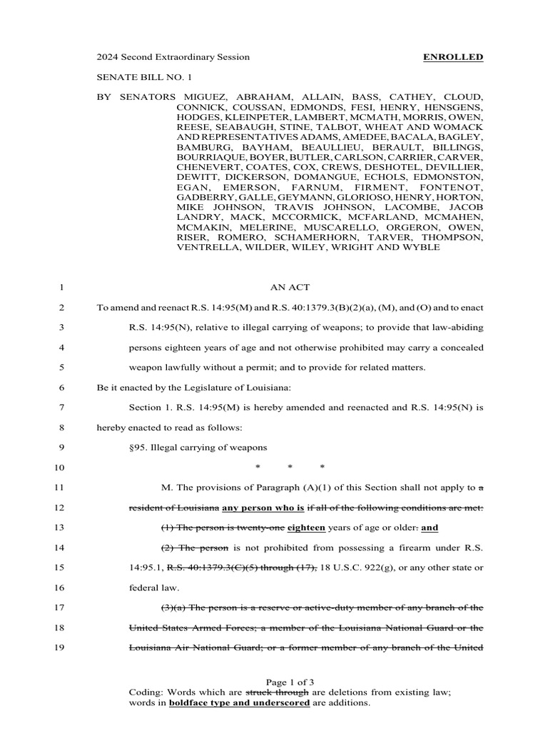 Senate Bill 1 (Permitless Concealed Carry) | PDF | Concealed Carry In ...