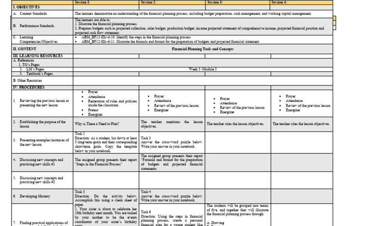 Week 3 Business Finance Lesson Plan | PDF | Teachers | Financial Plan