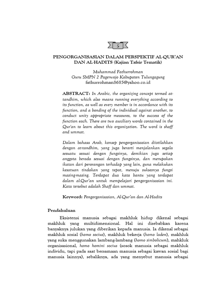 5 Pengorganisasian Dalam Perspektif Al-Qur'An DAN AL-HADITS (Kajian Tafsir Tematik) | PDF ...