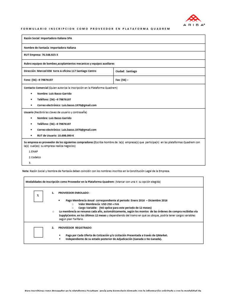 Formulario Inscripción Plataforma Quadrem 250USD | PDF