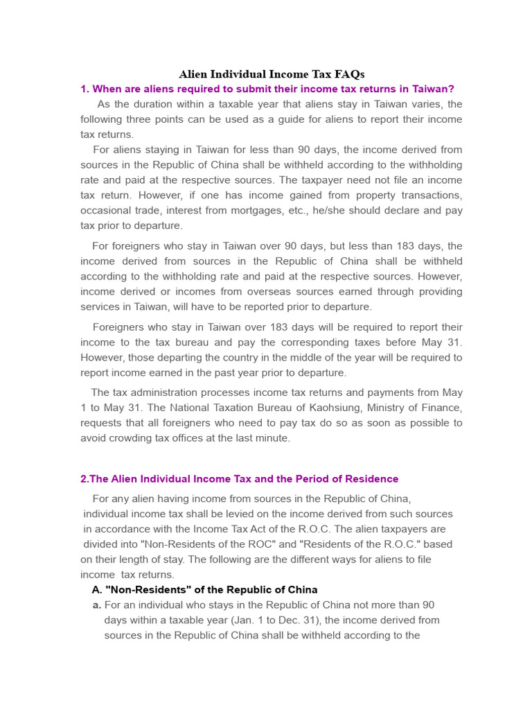 Alien Individual Income Tax FAQs | PDF | Income Tax | Taxes