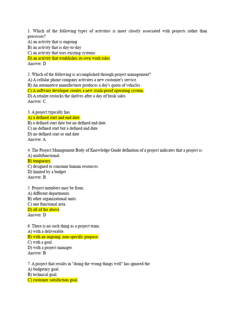 Project Management Chapter 1 - MCQ | PDF | Project Management | Product Lifecycle