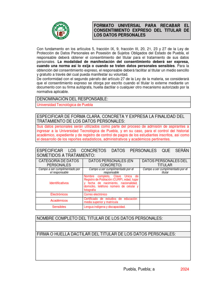 Formato Universal para Recabar El Consentimiento Expreso Del Titular de ...
