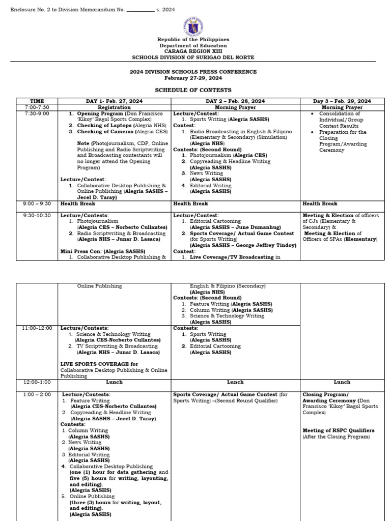 DSPC 2024 Final Schedule of Contests Edited | PDF