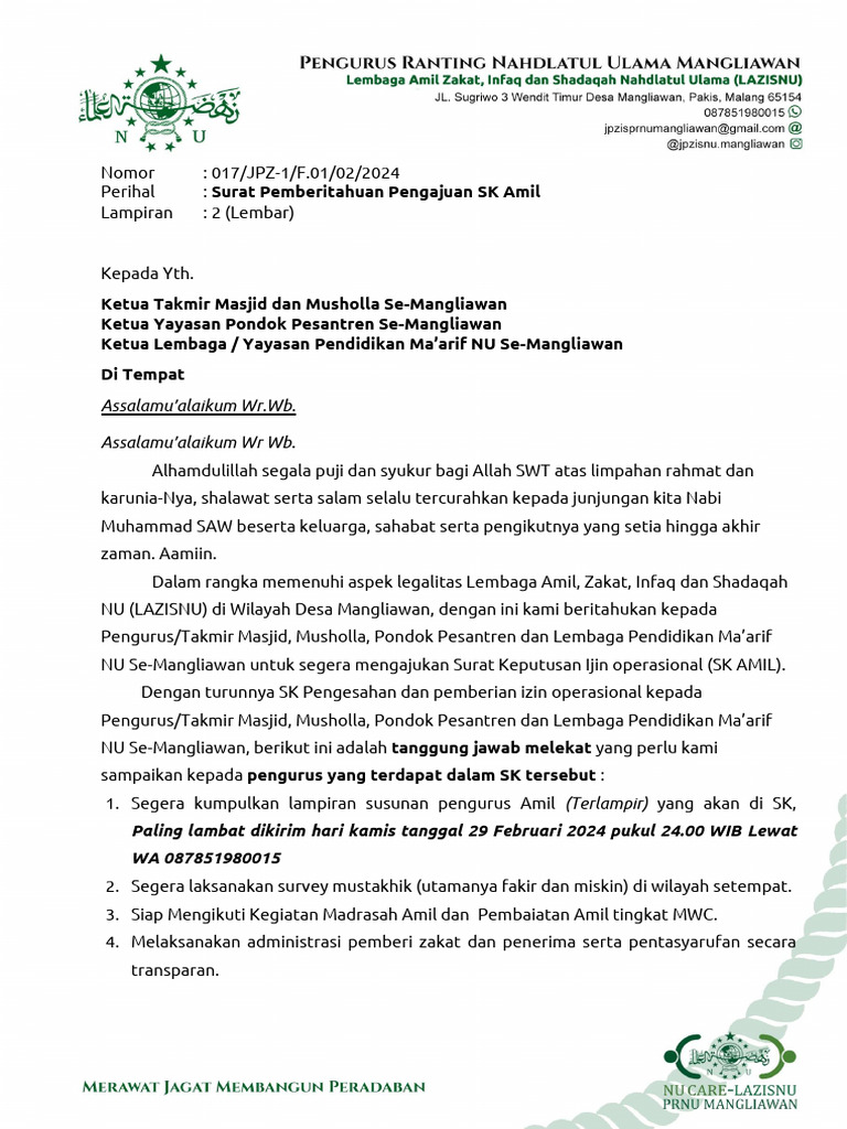 017 - Pemberitahuan Pengajuan Amil Syar'i LAZISNU | PDF | Kesehatan Holistik | Agama & Spiritualitas