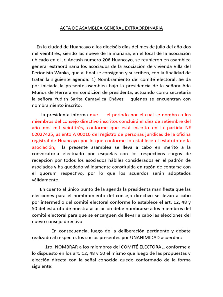 Acta de Asamblea Del | PDF | Gobierno | Eventos políticos