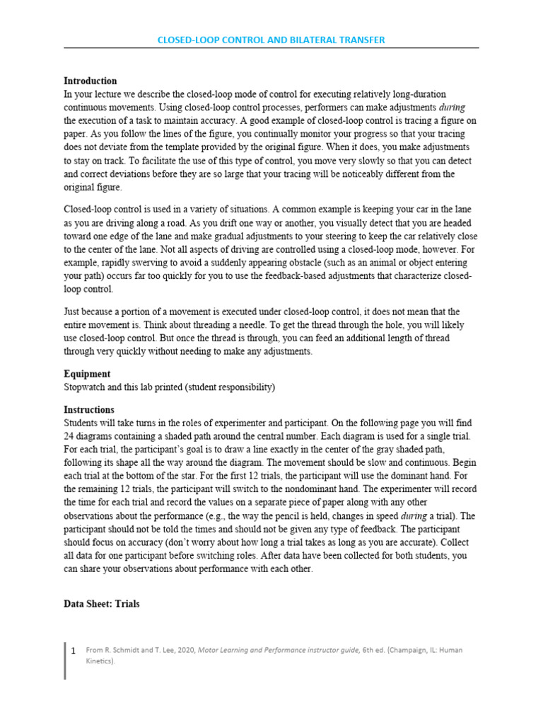 Lab 2 - Closed Loop and Bilateral Transfer | PDF | Feedback | Cognitive ...