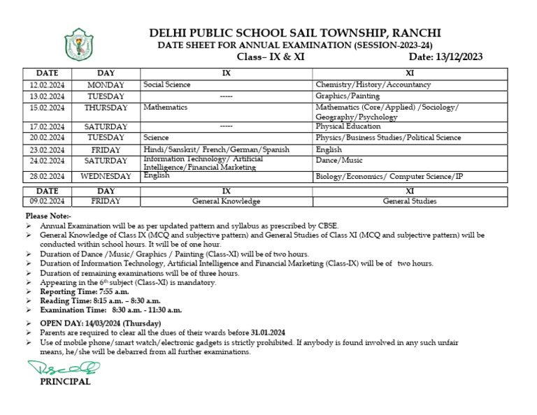 Date Sheet Class Ix & Xi Annual | PDF | Science